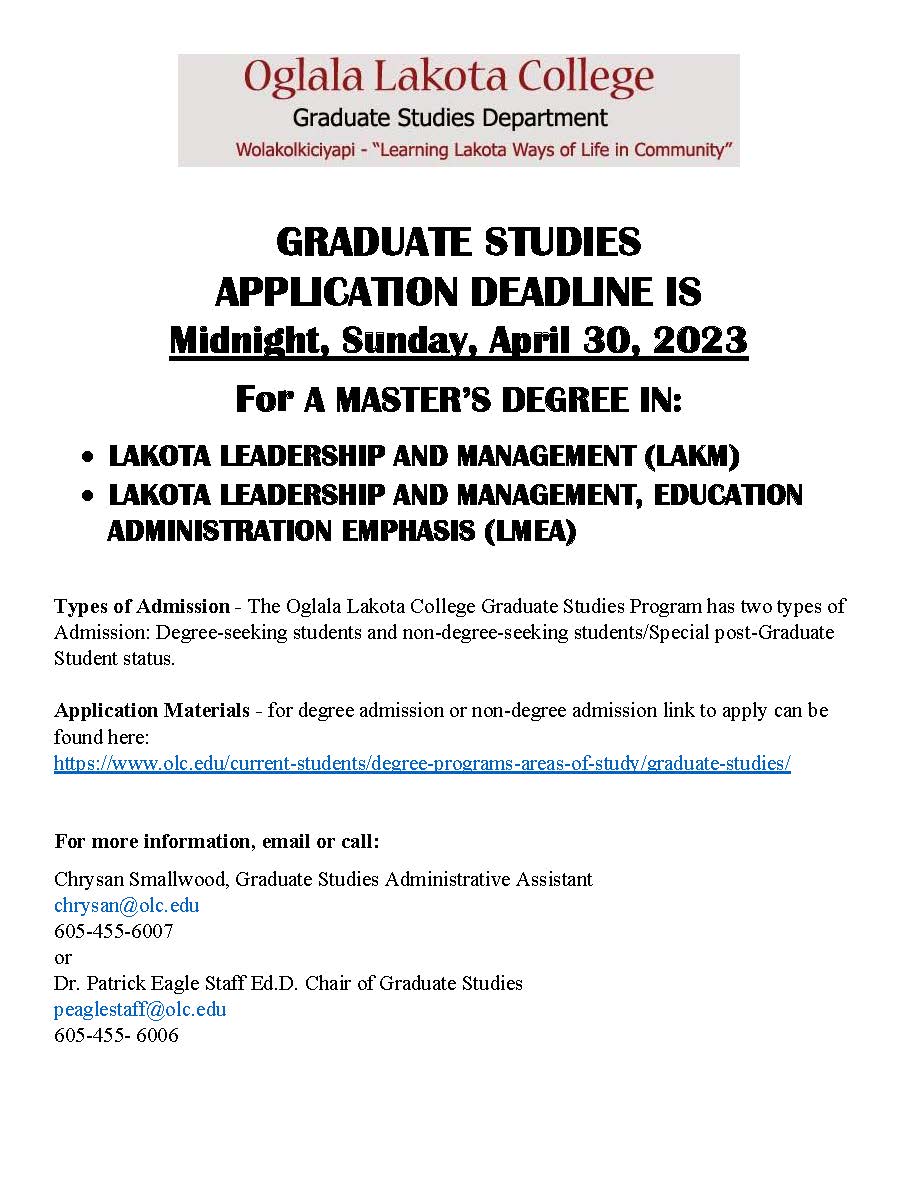 Application to Graduate Program Due | OLC Calendar | Oglala Lakota College